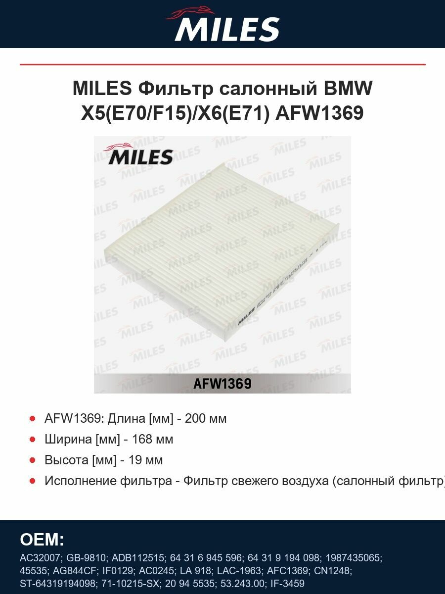 MILES Фильтр салонный BMW X5(E70/F15)/X6(E71) AFW1369
