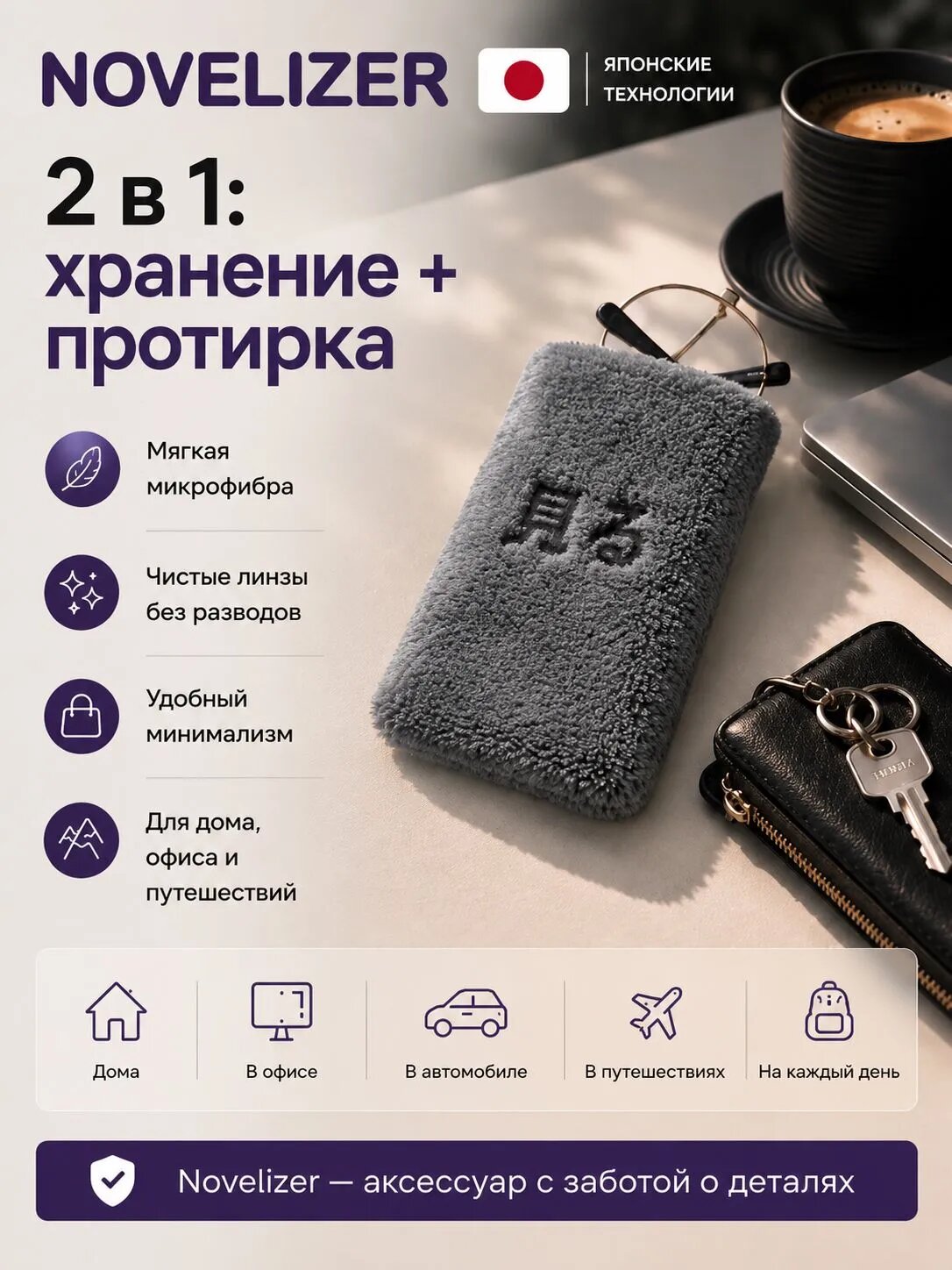 Чехол-салфетка для очков Novelizer из микрофибры 2 в 1 мягкий защитный футляр для хранения и протирки линз