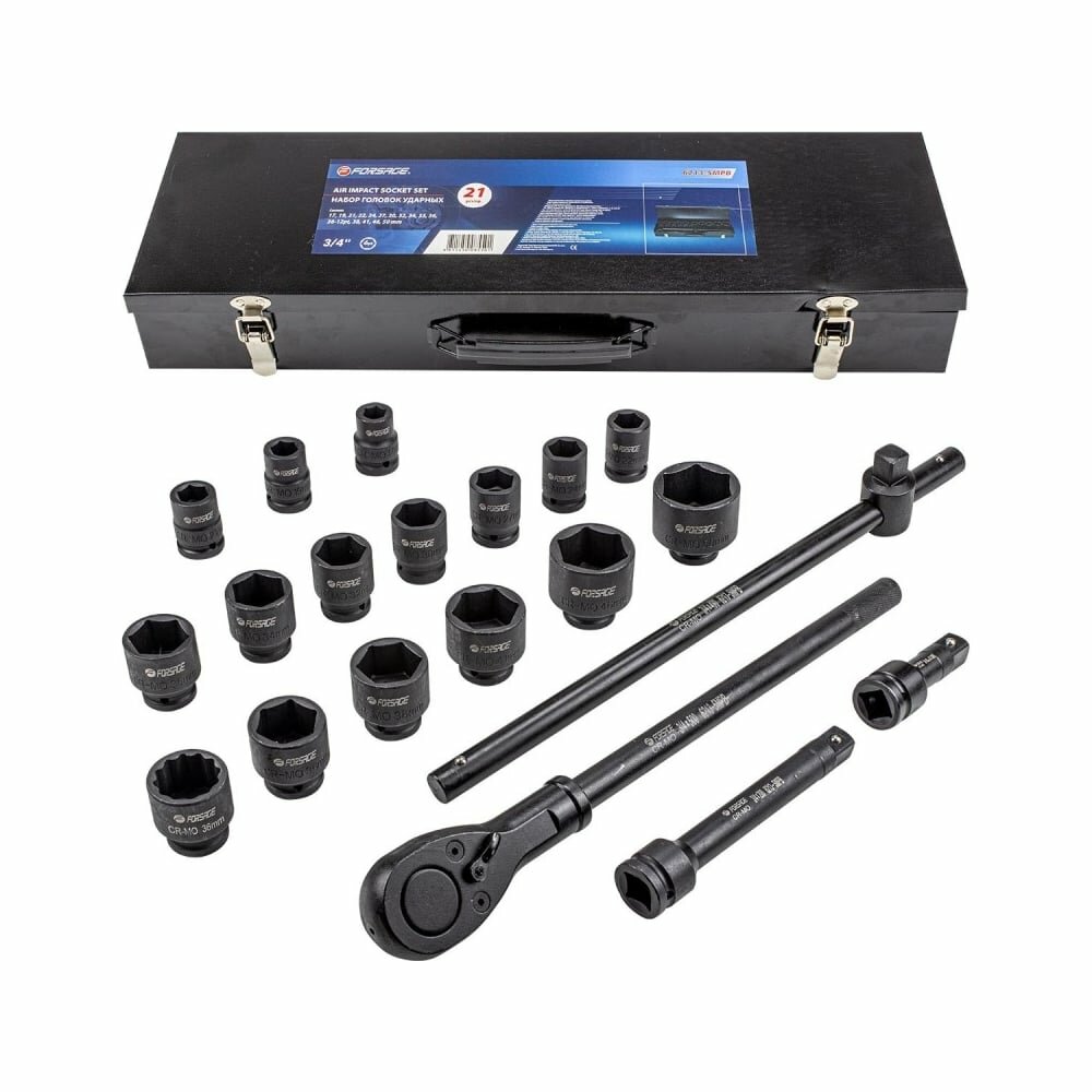 Набор ударных инструментов Forsage profi 3/4", 6гр, 21пр (17 ,19 ,21, 22, 24, 27, 30, 32, 34, 35, 36, 36-12 гр, 38, 41, 46, 50 мм), в кейсе F-6213-5MPB(54942)