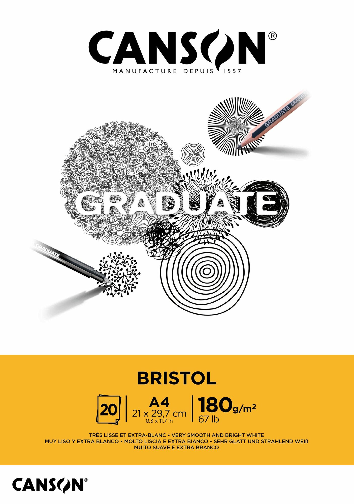 CANSON Graduate Bristol альбом для графики и черчения 180 г/м2, 20 листов A4 21 х 29.7 см, склейка по одной стороне, C400110383