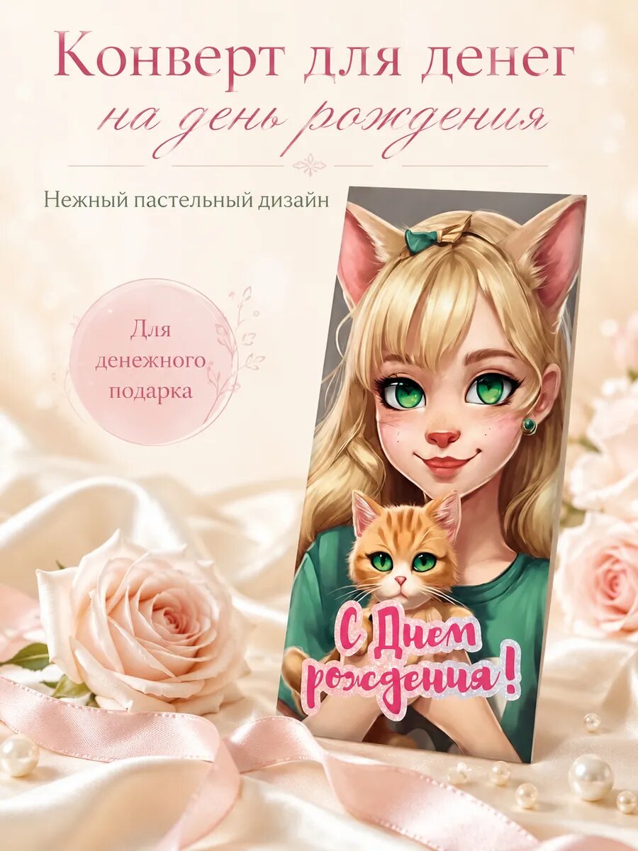 Конверт для денег "С днём рождения", 17x8,5см, оливково-зелёный