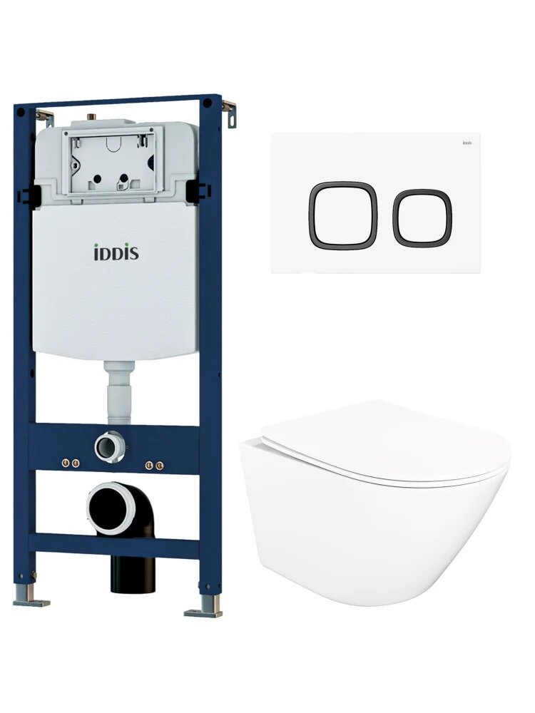 Комплект 4 в 1: Инсталляция IDDIS Профикс (Profix) PRO0000i32 / Унитаз подвесной STWORKI Левангер S07401WH безободковый, с микролифтом / Кнопка Юнификс (Unifix) UNI04WBi77, Комплект креплений