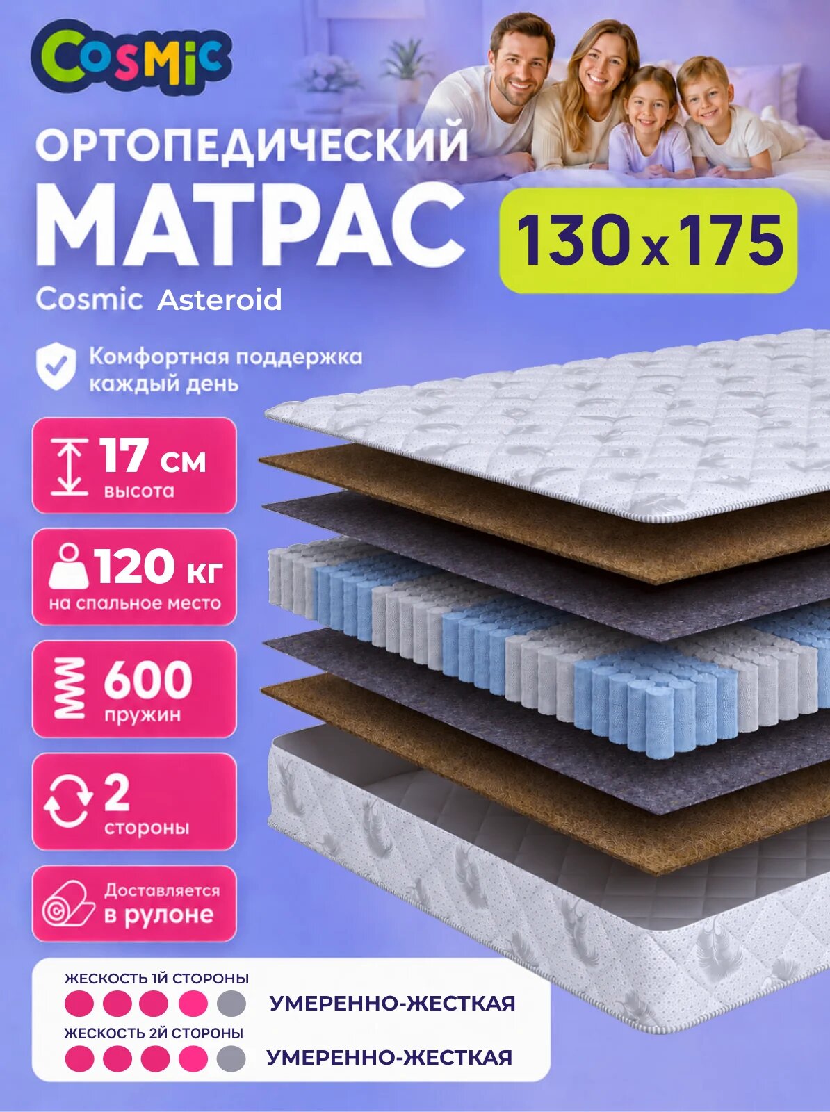 Ортопедический матрас Cosmic Asteroid 130x175 см — умеренно жесткий, высота 17 см, анатомическая поддержка