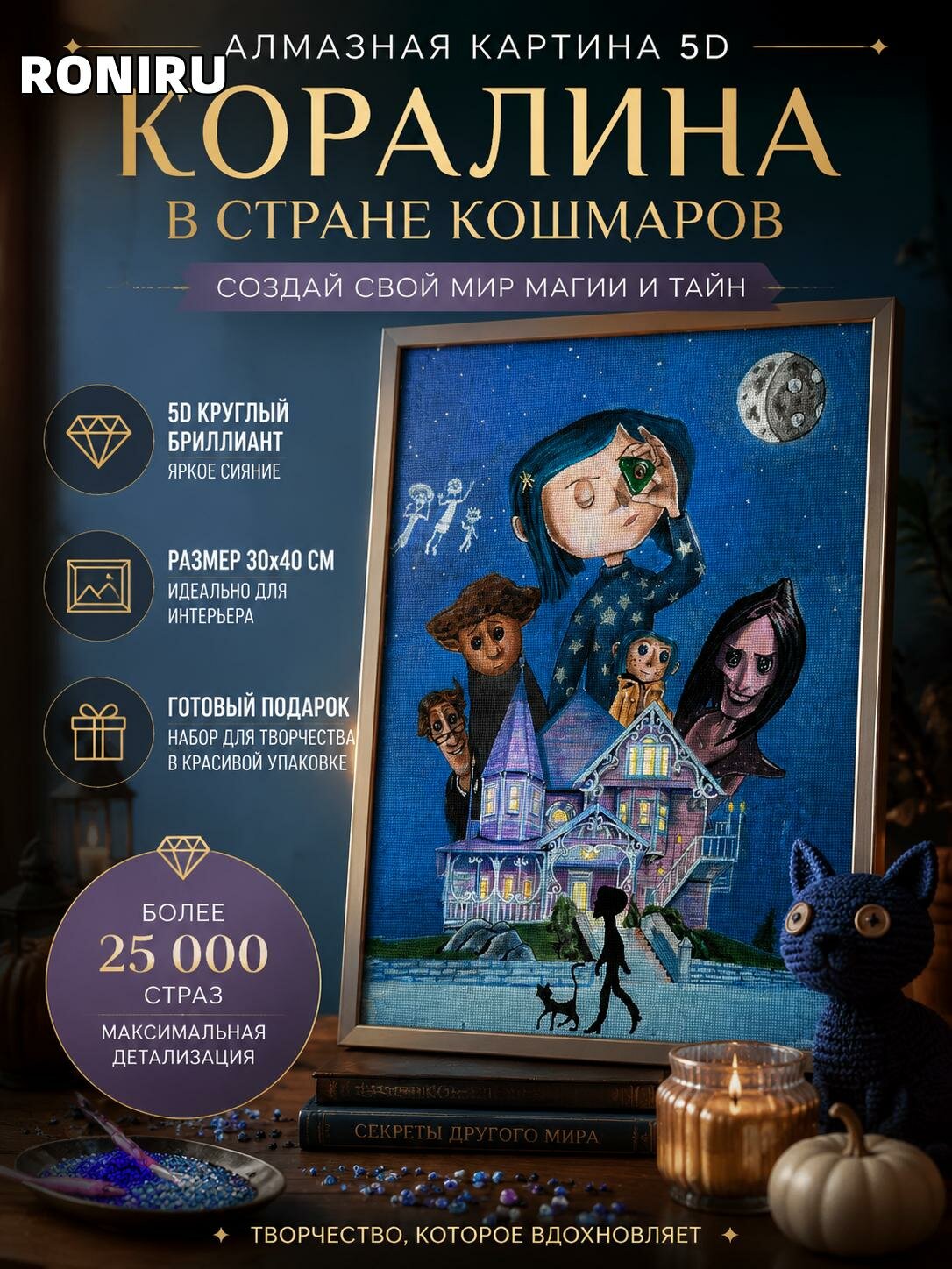 Алмазная картина «Коралина в стране кошмаров» 5D круглый бриллиант 30x40 см — набор для творчества и декора дома