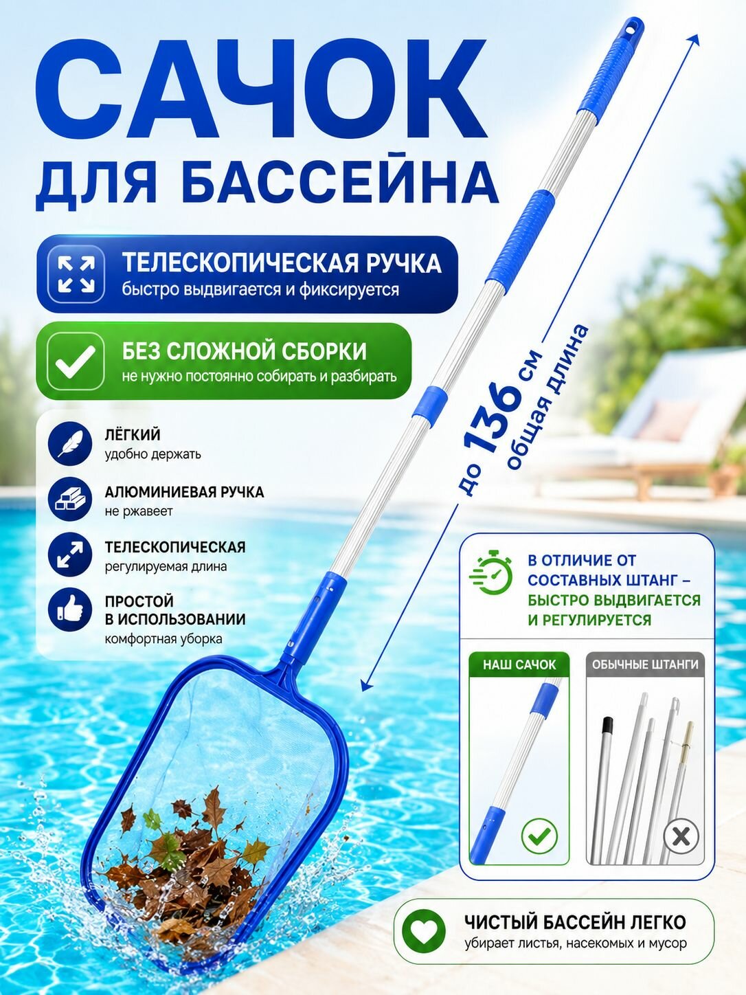Сачок для бассейна с ручкой, не глубокой сеткой для чистки (уборки) листьев, насекомых, пуха с поверхности воды чана, купели
