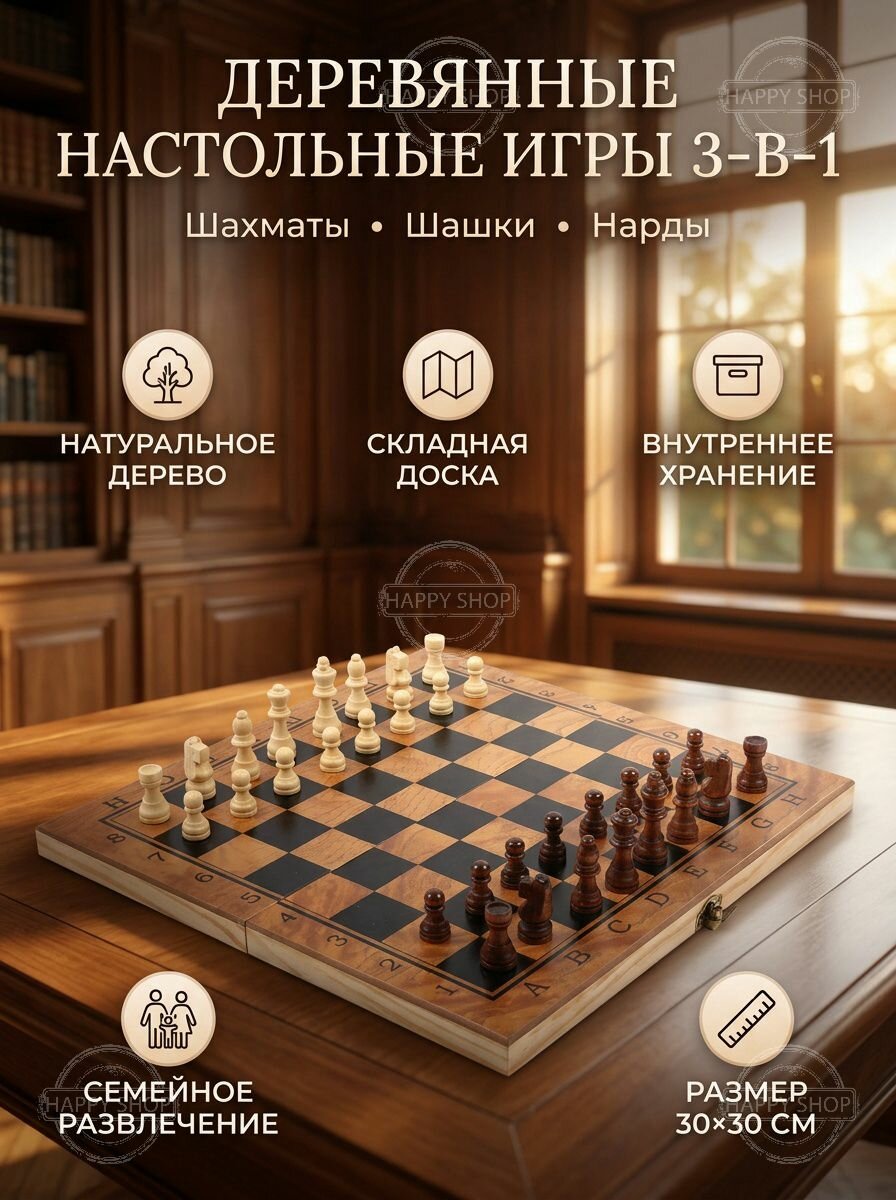 Настольная игра 3 в 1 шахматы шашки нарды деревянные складная доска 30х30 см подарочный набор для детей и взрослых