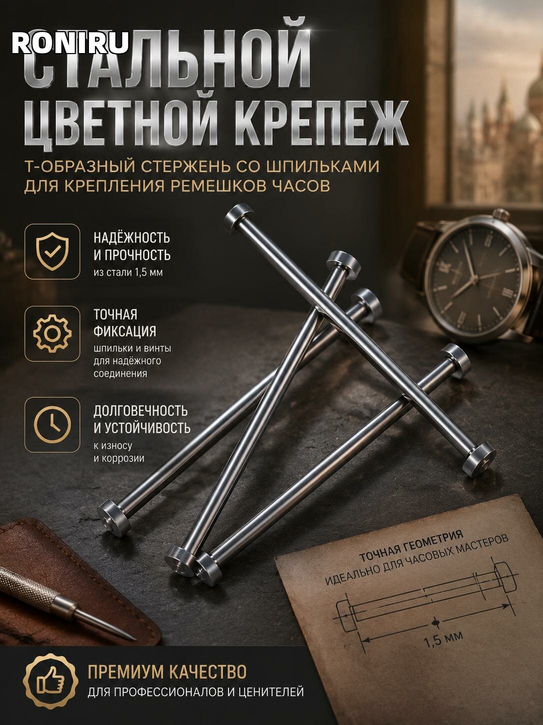 Стальной цветной трубчатый крепеж 1,5 мм, Т-образный стержень со шпильками и винтами для крепления ремешков часов