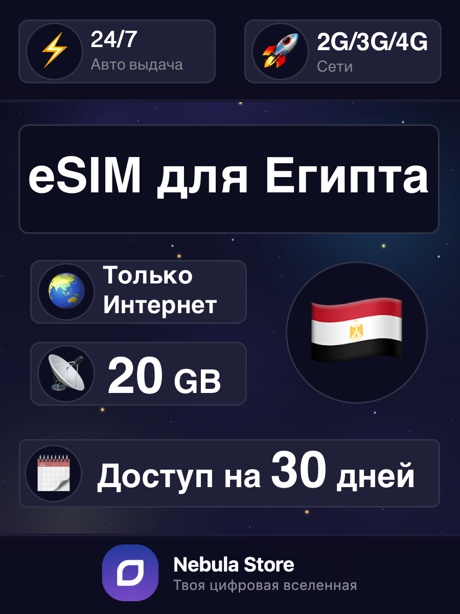 ESIM Египет | Интернет | 20 ГБ на 30 дней | 4G | Для телефона и планшета - автовыдача 24/7