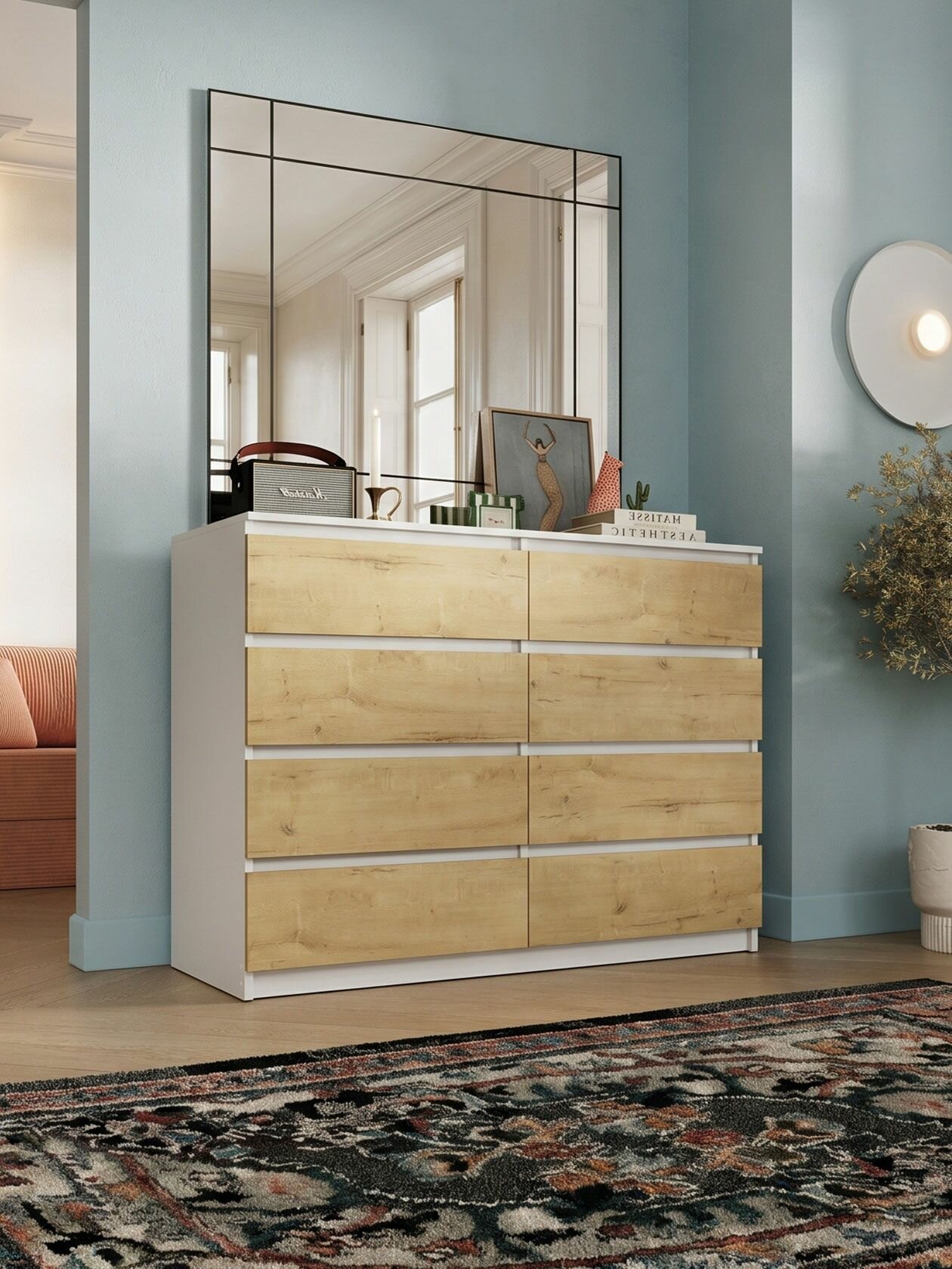 Комод для одежды и хранения вещей Вега с ящиками, 123.6x46.6x98 см, Белый / Дуб Вотан