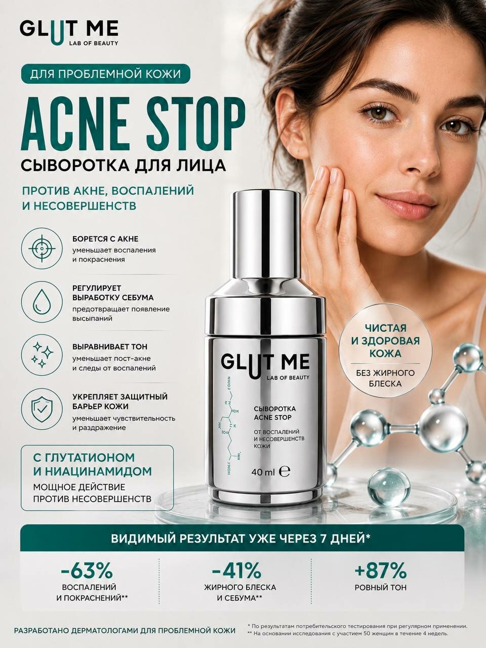 Сыворотка для лица для проблемной кожи увлажняющая Glut Me ACNE STOP SERUM / Успокаивающая сыворотка от прыщей и высыпаний с ниацинамидом, глутатионом и фитокомплексом, 40 мл