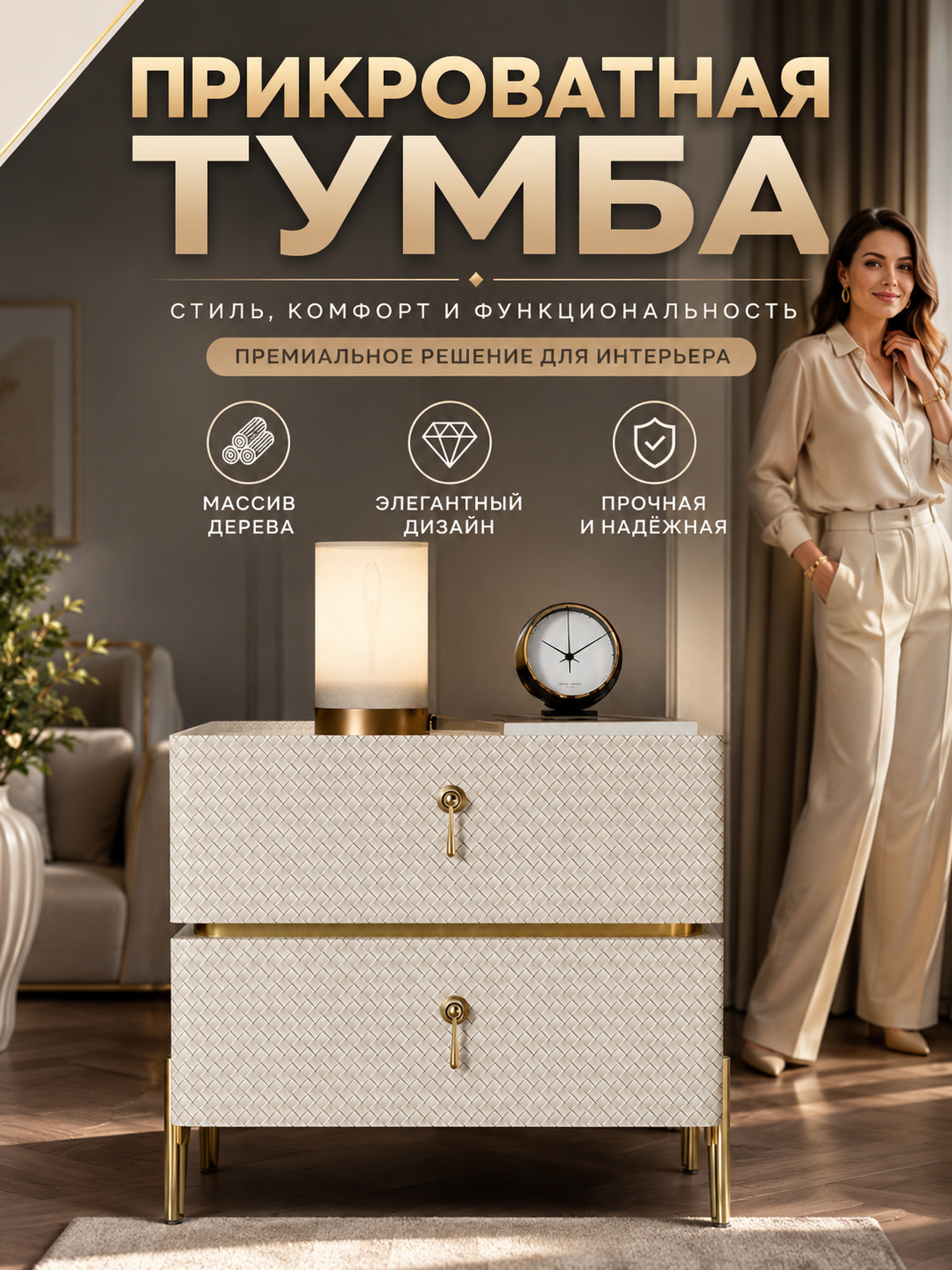Тумба прикроватная плетеная из экокожи с золотой фурнитурой, компактная мебель для хранения вещей рядом с кроватью