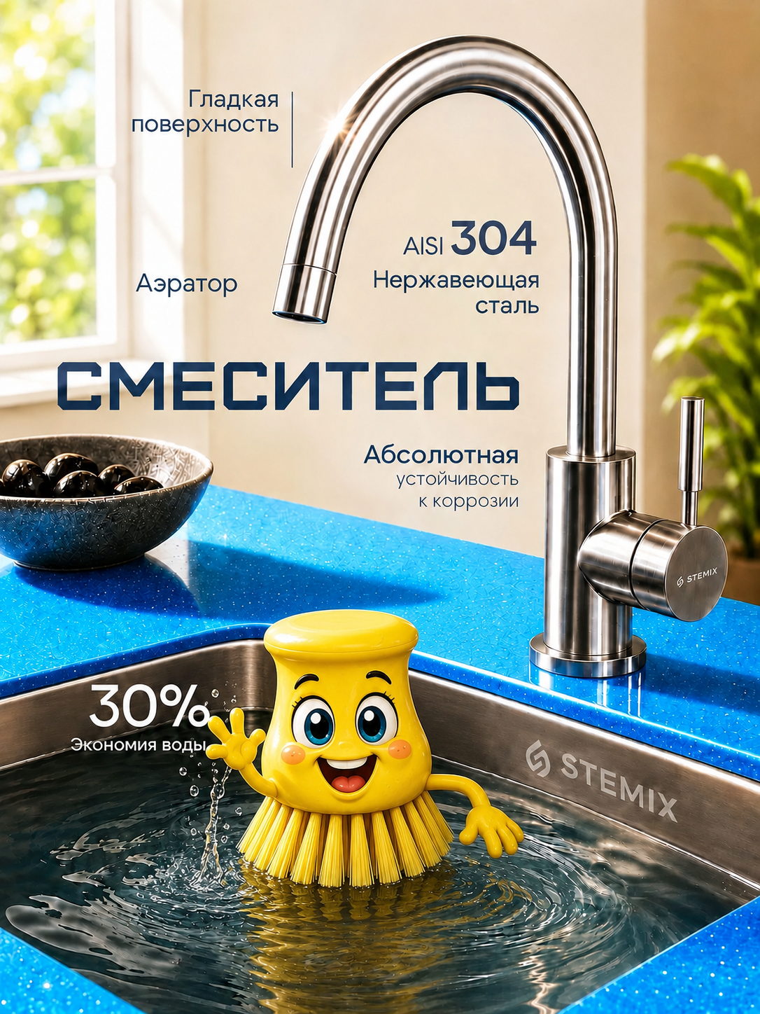 Смеситель STEMIX, для кухни, высокий излив, нержавеющая сталь, серебристый