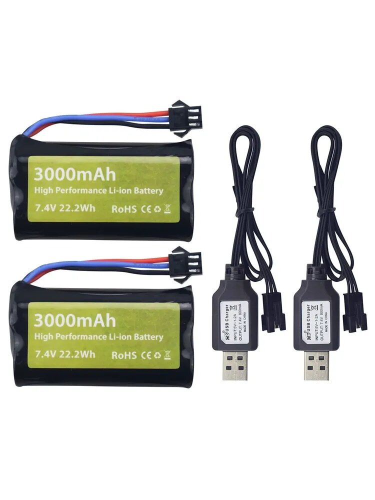 2 литий - ионных аккумуляторов с разъемом 7.4V 2S 15C 3000 мАч SM - 3P и 2 USB - зарядное устройство для дистанционно управляемого автомобиля DE43 DE60 9500E 1575