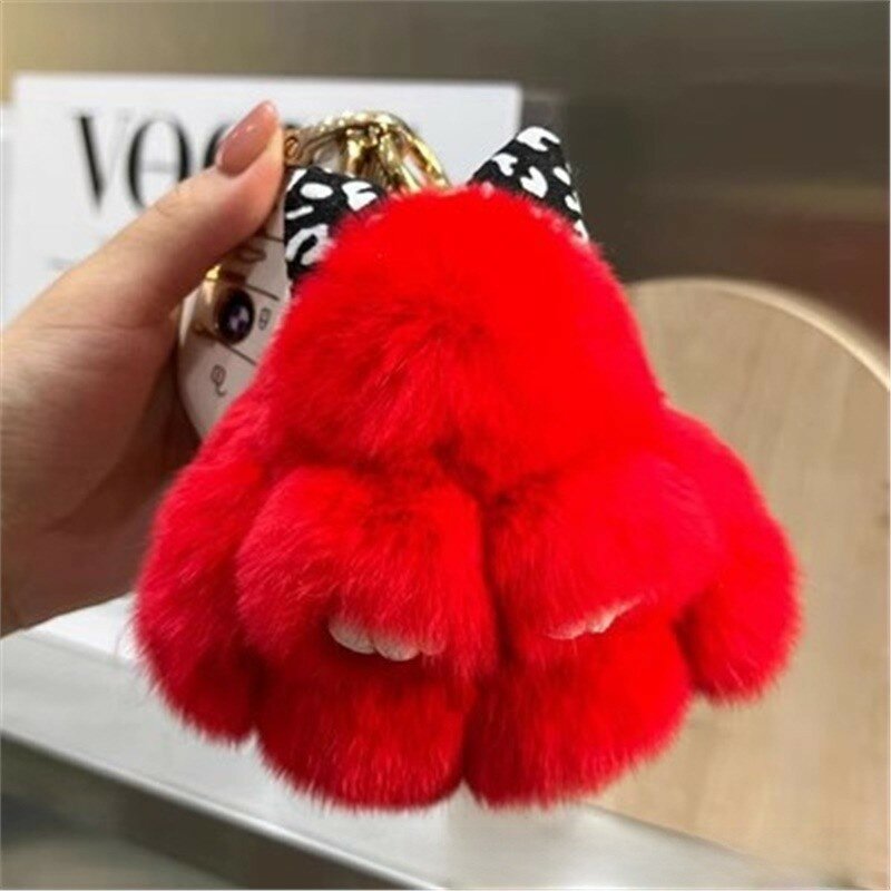 Highend animal bunny pendant with leather and plush for gift or decor bright red