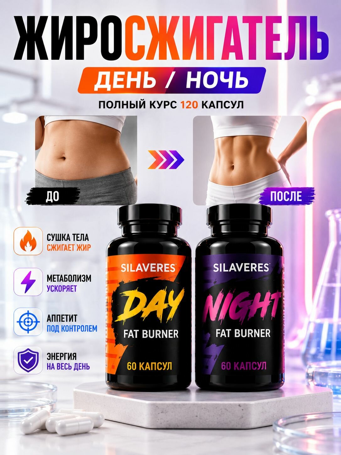 Жиросжигатель, средство для похудения день/ночь 120 капсул. Комплексная пищевая добавка на основе растительных экстрактов с витаминами и минералами. капсулы для похудения жиросжигатель капсулы растительные экстракты витамины минералы