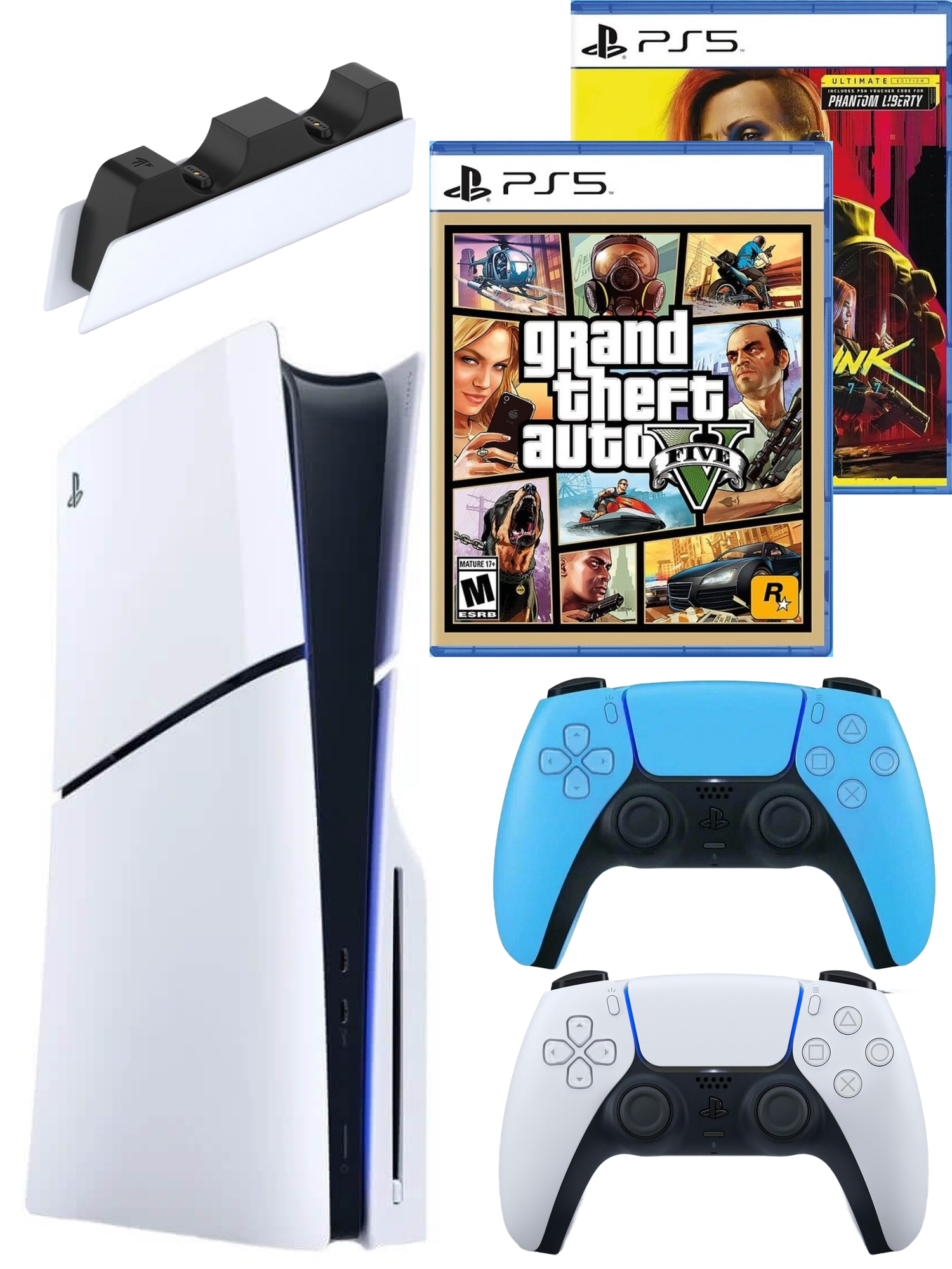 Игровая приставка Sony PS 5 Slim, 1ТБ(с дисководом)+2 геймпад+Зарядная станция+2 игры (GTA5 , Cyberpunk 2077)
