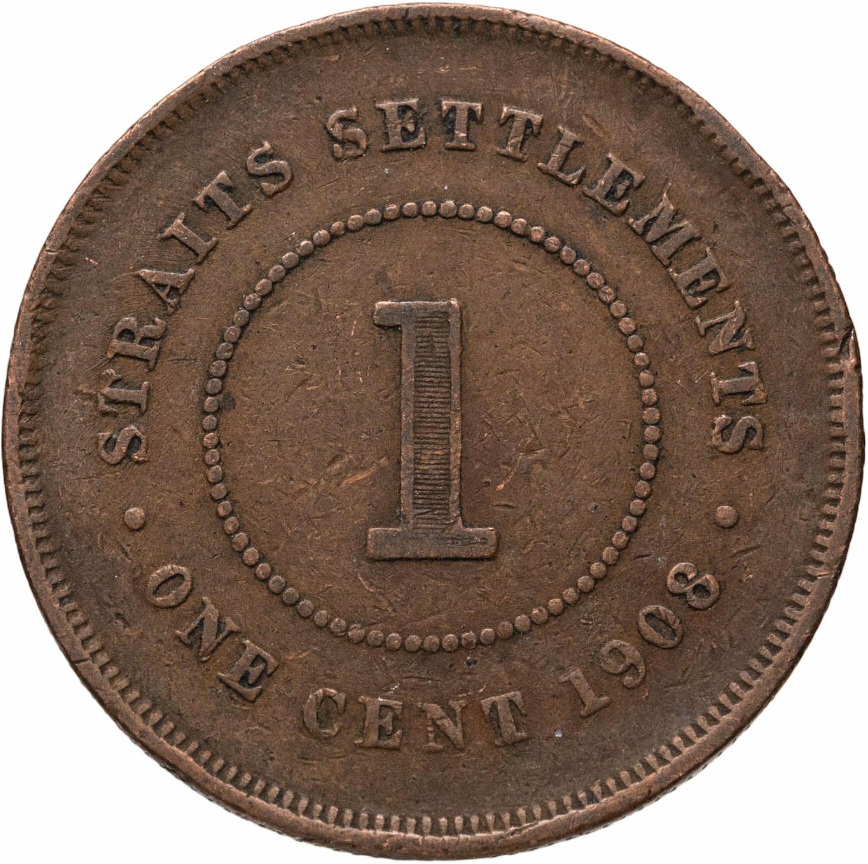 Стрейтс Сетлментс 1 цент cent 1908, Бронза, в сохранности VF