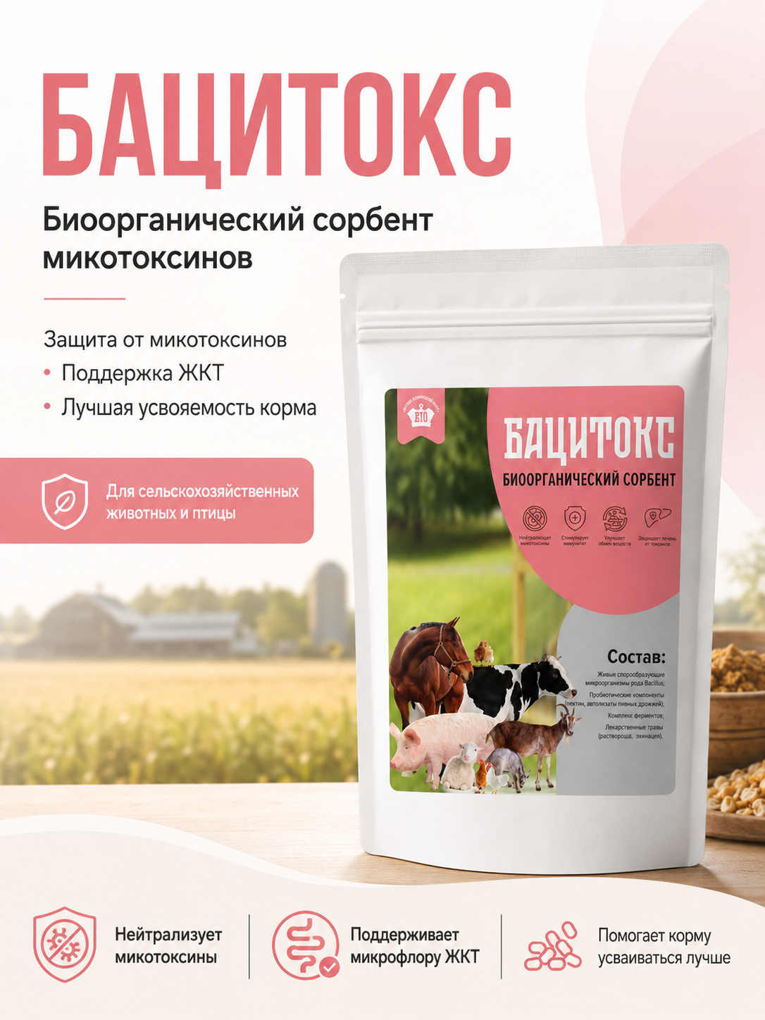 Биоорганический сорбент НТЦ БИО "Бацитокс", для КРС, порошок, 1 кг