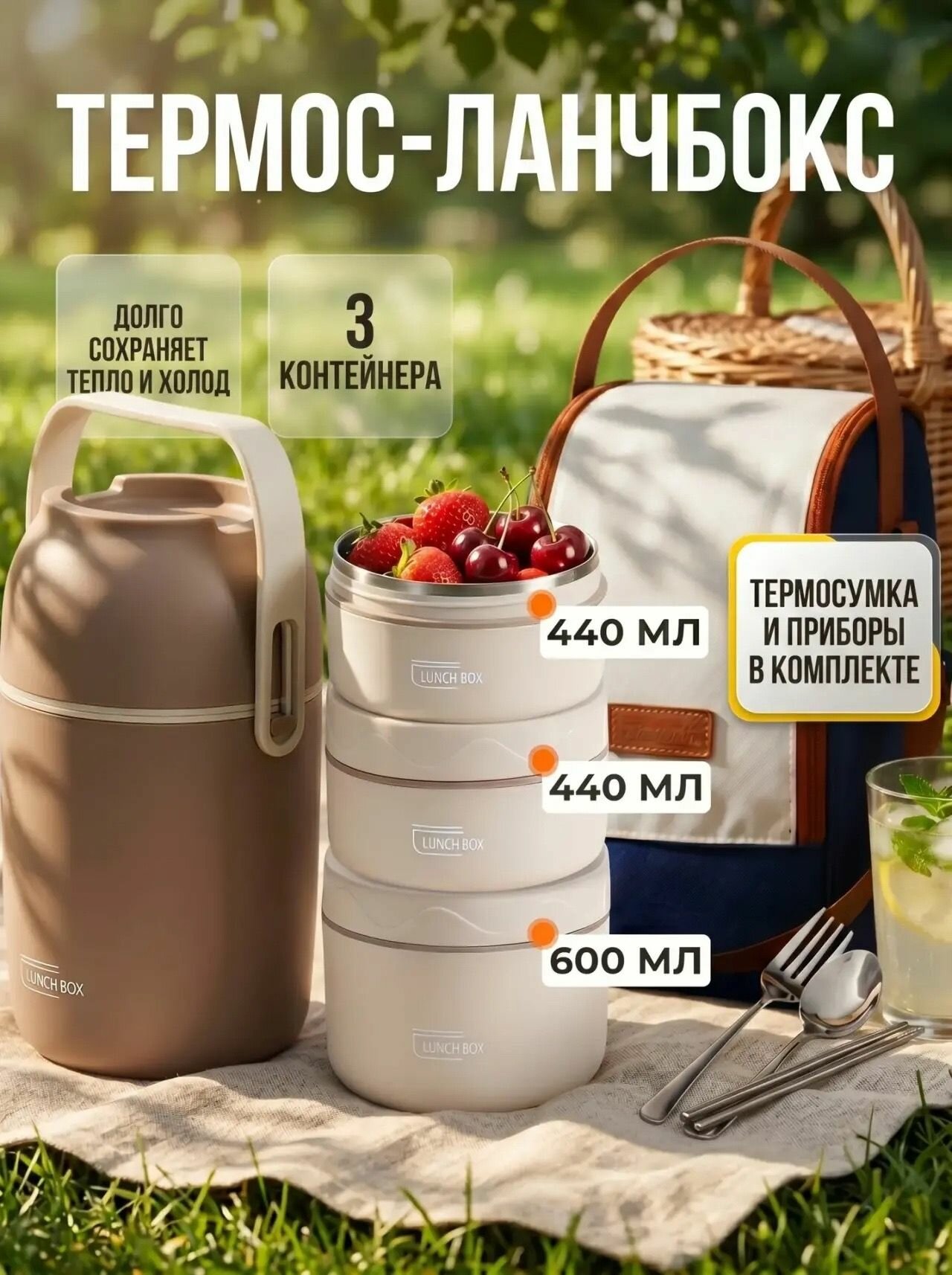Термос-ланчбокс с 3 контейнерами, термосумка и приборы в комплекте 1,5 литр