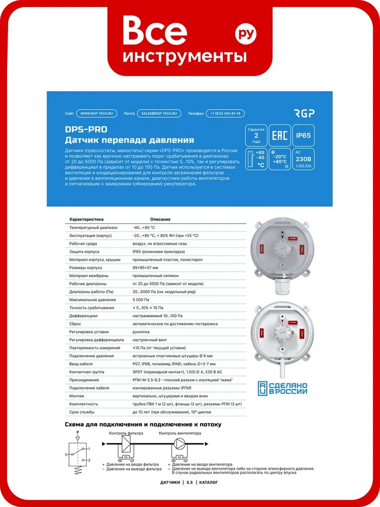 Датчик перепада давления Завод RGP 20-200 Па (IP65, точность 5%, регулировка) DPS-200-PRO