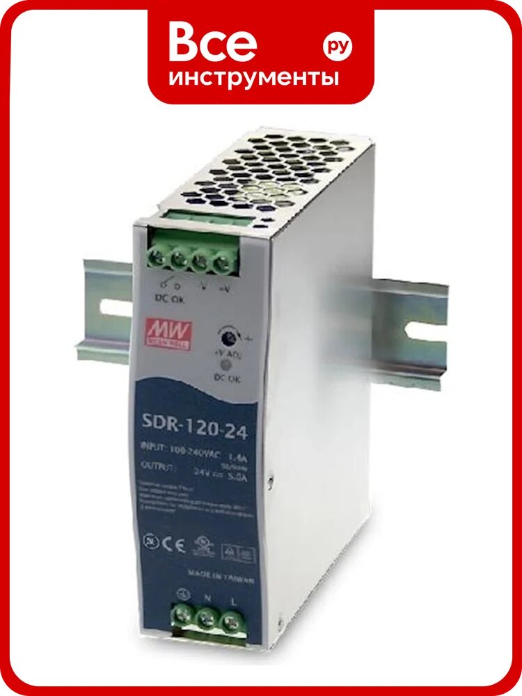 Источник питания Mean Well AC/DC SDR-120-24 T00292091 защита от короткого замыкания, бирюзовый металлический корпус