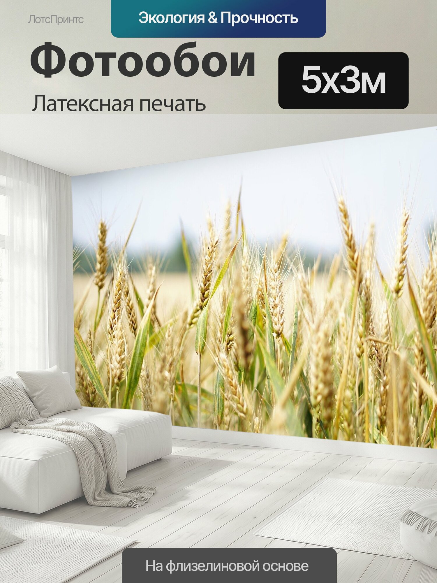 Фотообои моющиеся ударопрочные "Пшеница, пшеничное поле, кукурузное поле" 500x300 см. латексная печать