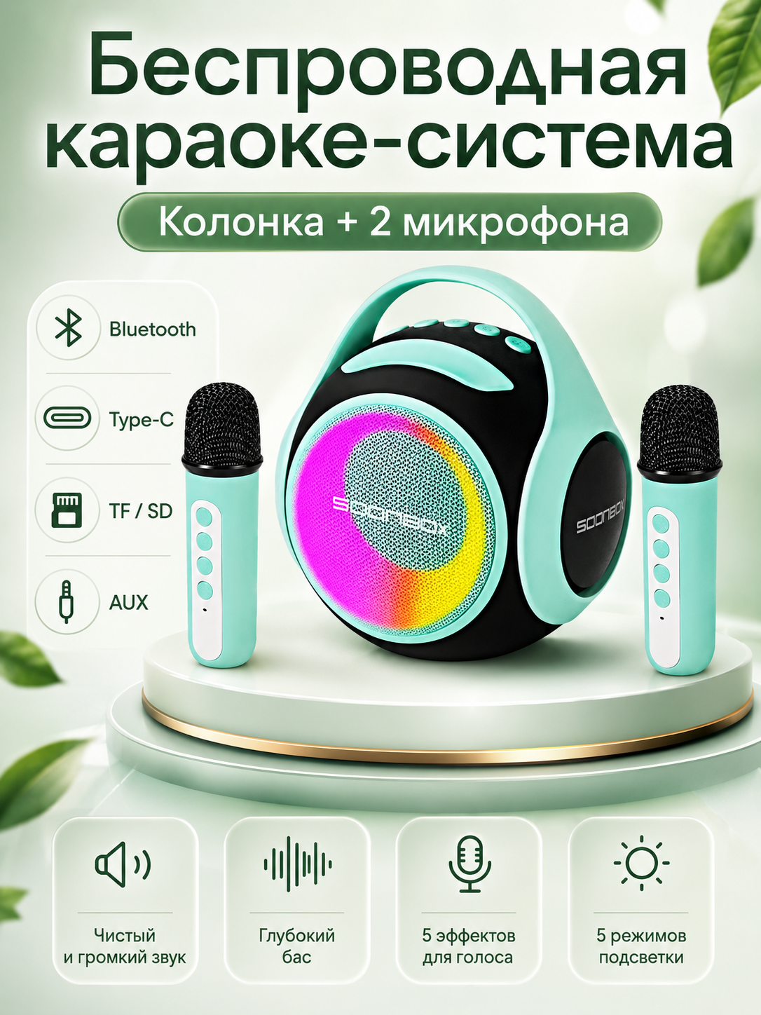 Беспроводная Bluetooth колонка караоке с 2 микрофонами, Портативная мини колонка S5100 с LED подсветкой, Бирюзовый