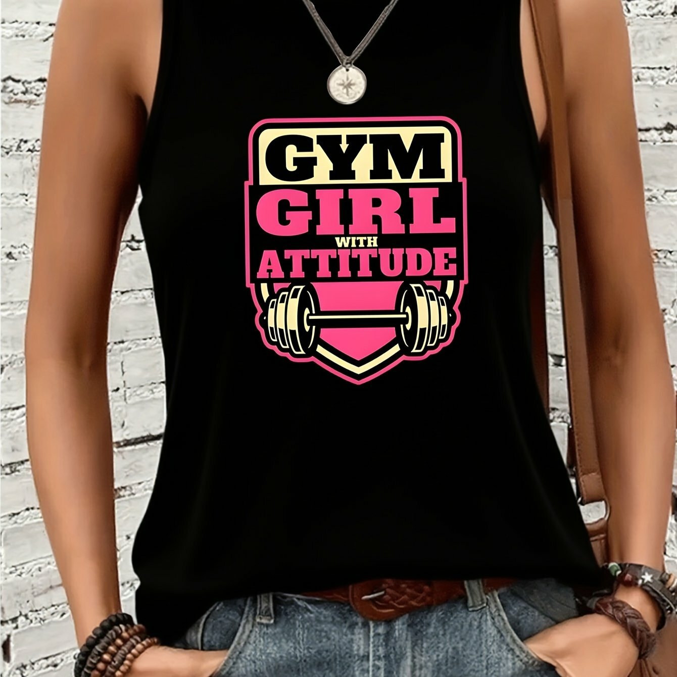 Женская майка с круглым вырезом, принт "GYM with ATTITUDE", черная, размер S, для фитнеса и повседневной носки, весна/лето