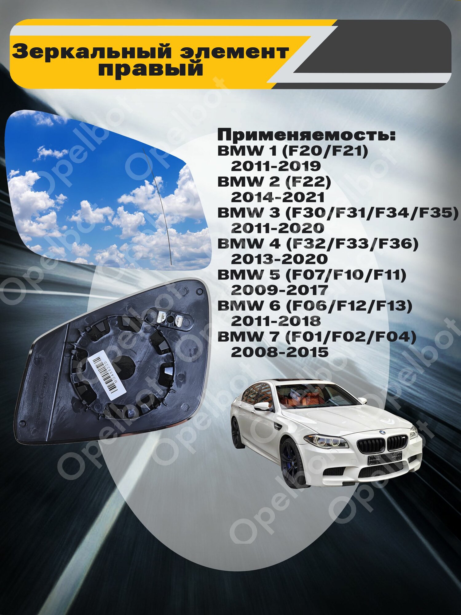 Зеркальный элемент с обогревом правый BMW 1/ 2/ 3/ 4/ 5/ 6/ 7 серии с 2009 по 2020 год (точный список моделей в описании)
