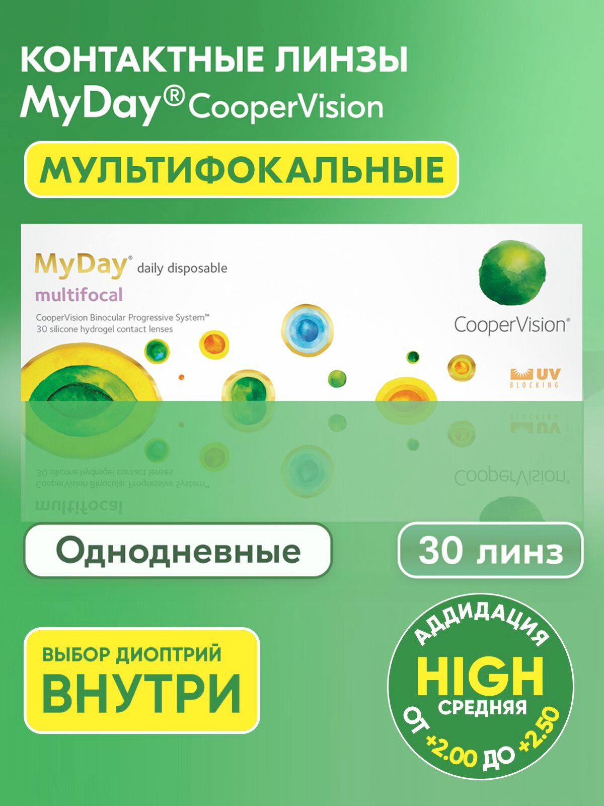 Линзы контактные мягкие корригирующие однодневные MyDay daily disposable multifocal, +3.00 I аддидация HIGH I 30 линз