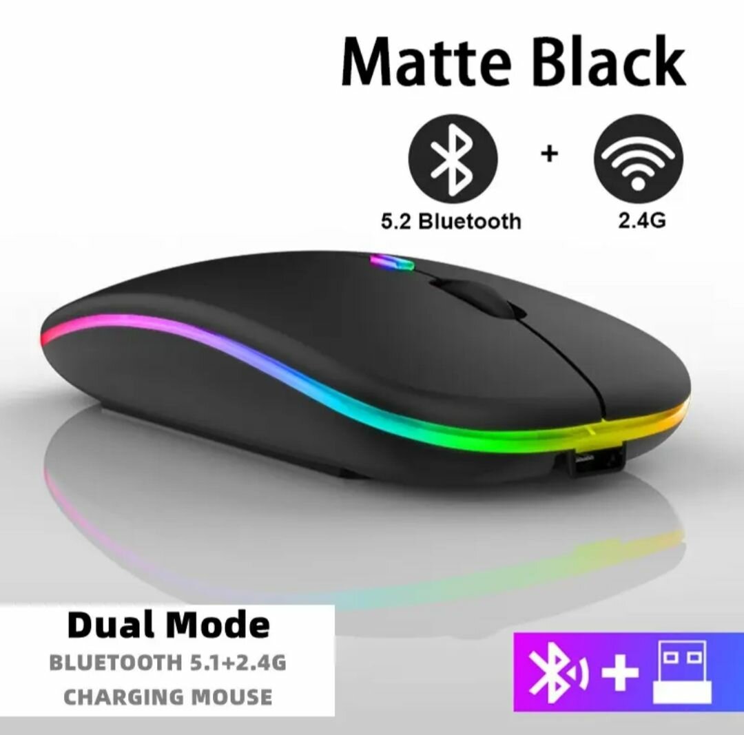 Мышь беспроводная Bluetooth 5.2 игровая бесшумная черная с подсветкой RGB, подходит для Smart tv, компьютера, ноутбука, телефона, планшета.