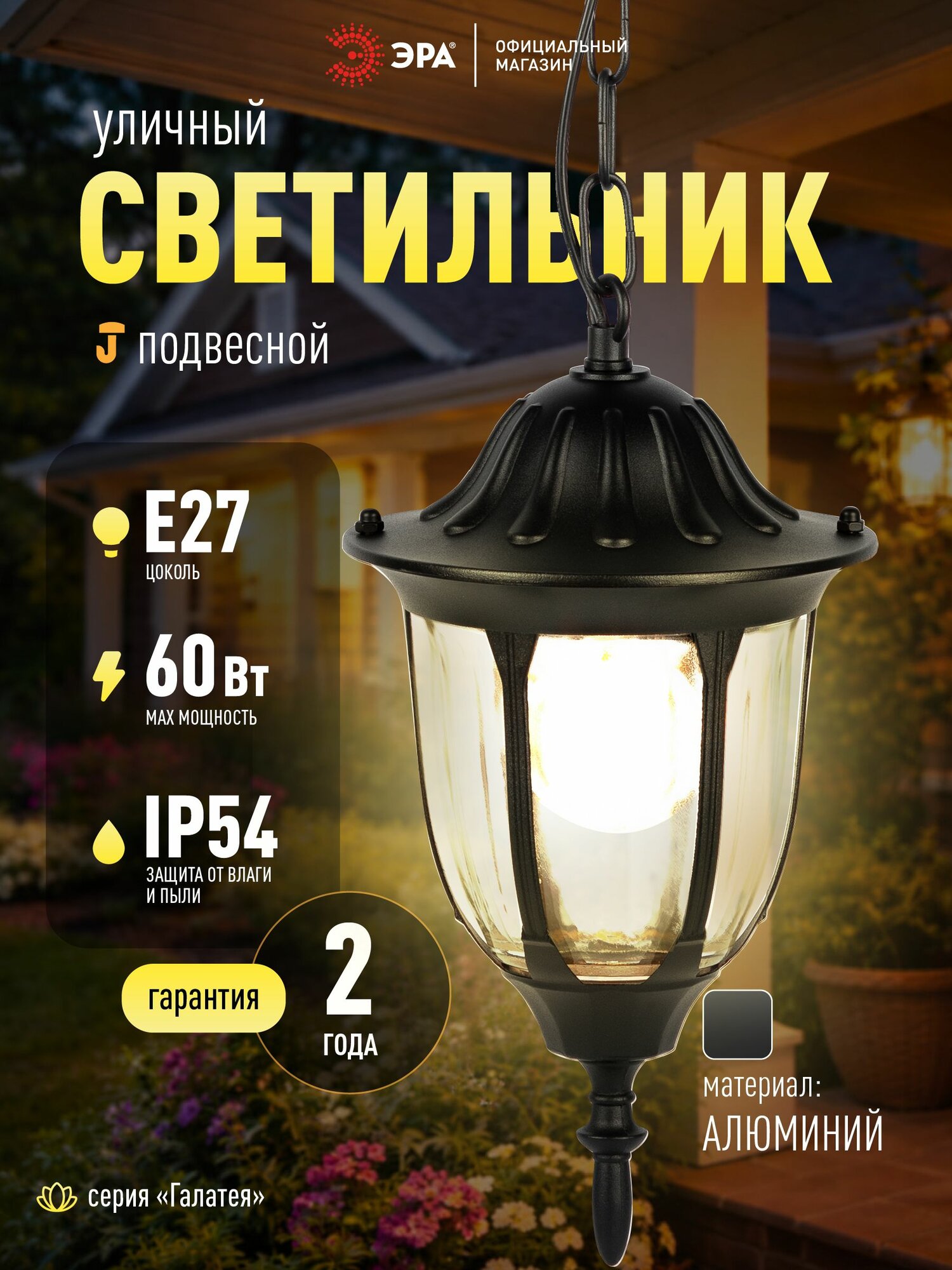 Светильник уличный садовый подвесной ЭРА Галатея GBS-105 60Вт 230В 1хЕ27 IP54 чёрный