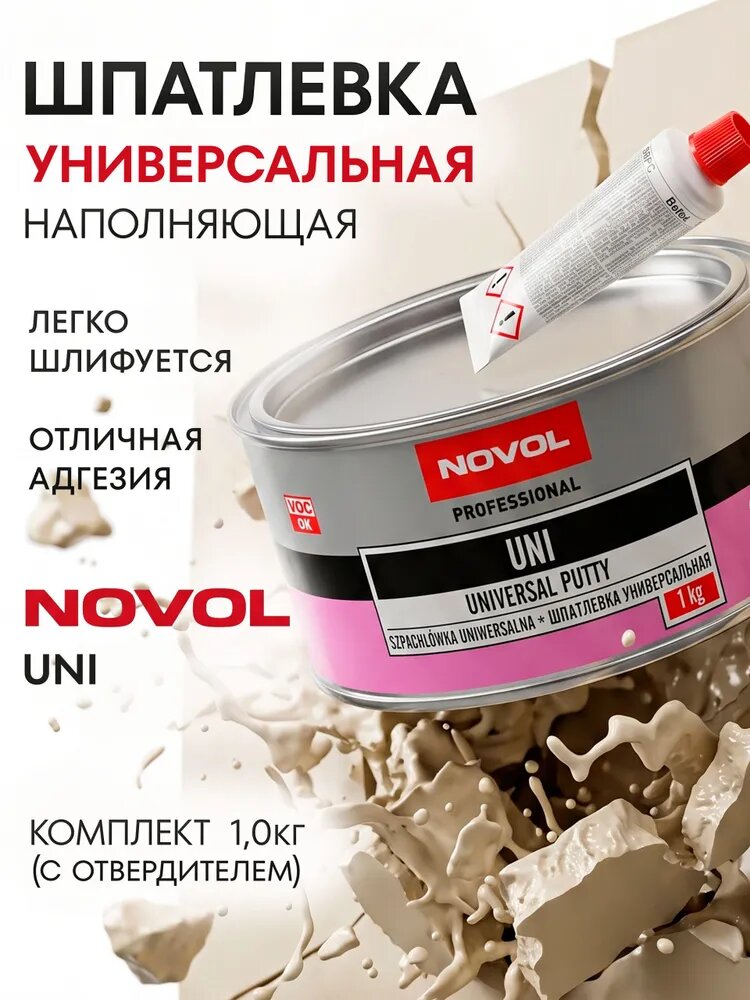 Шпатлевка автомобильная универсальная NOVOL UNI, наполняющая полиэфирная автошпатлевка для авто, 1 кг + отвердитель 1103+364