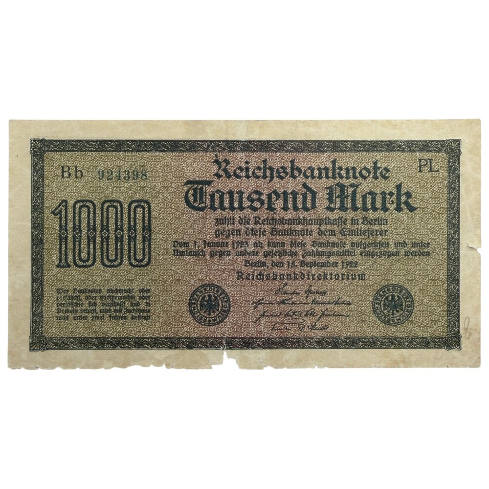 Веймарская республика (Германия) 1000 марок 1922 г. (ВЗ - Решётка, G) (Литера PL) (Серия Bb)