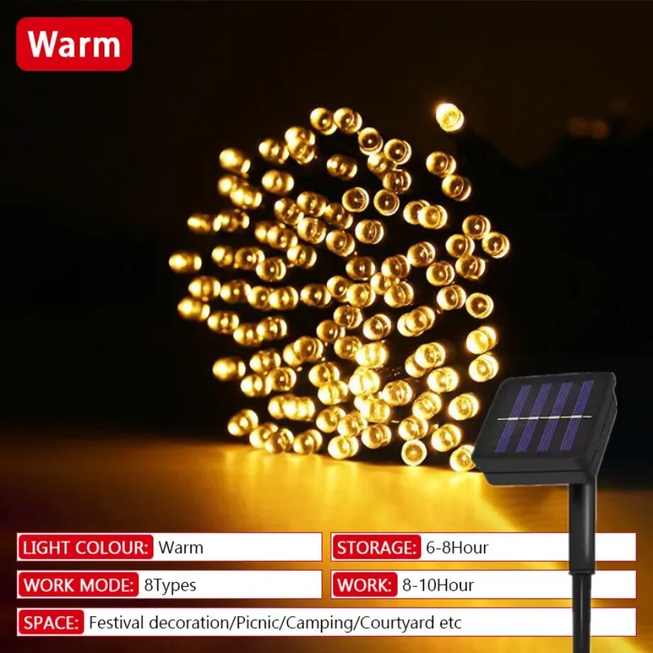 Солнечная светодиодная гирлянда 32м 300 LED 8 режимов WARM, 100LED-12M