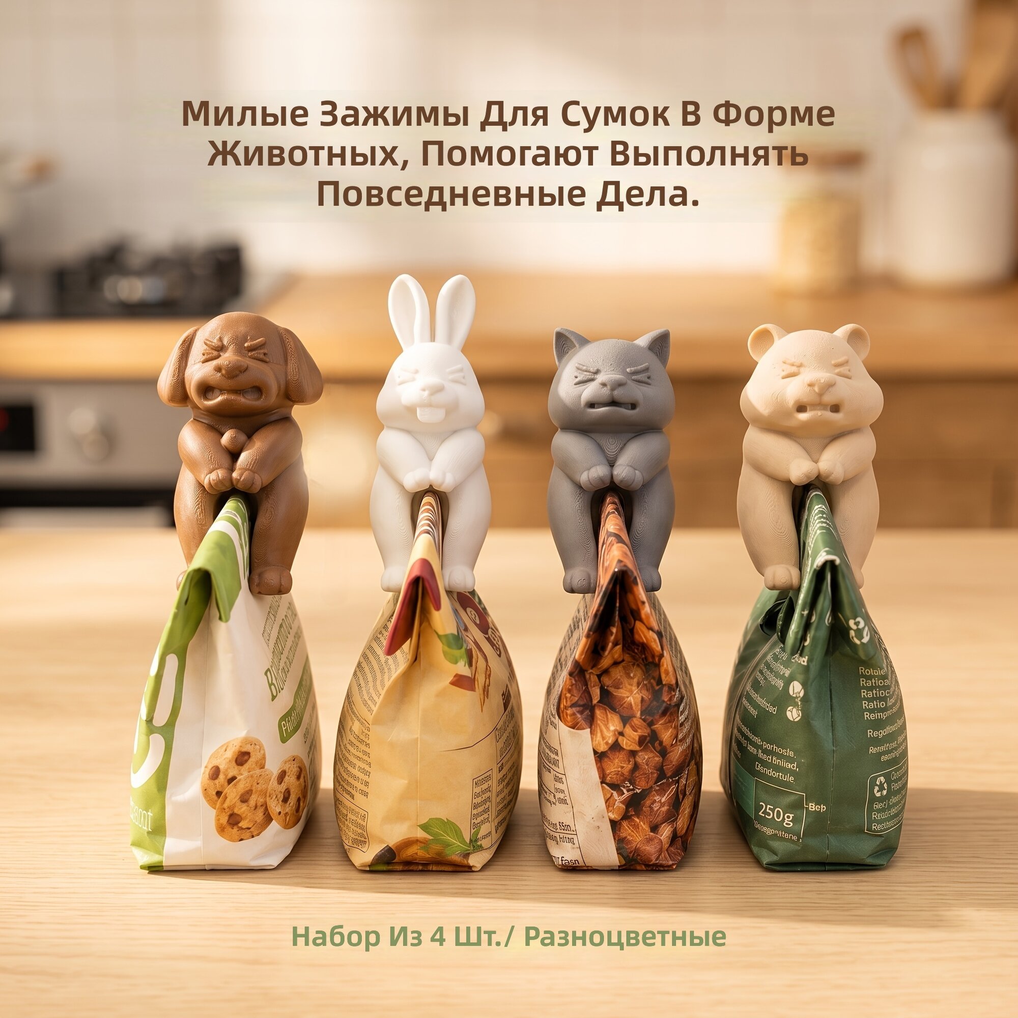 Набор из 4 зажимов для пакетов в форме животных для герметичного закрытия пакетов с кофе, крупами, конфетами и снеками