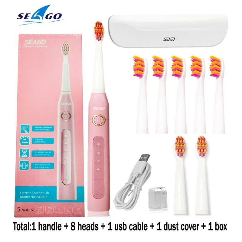 SEAGO Электрическая зубная щетка SG-507 USB Звуковая 5 режимов 8 насадок Чехол
