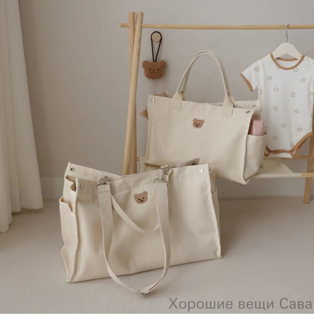 Сумка для мамы холщовая водонепроницаемая с мишкой, 28x15x25 см, натуральный — фото 1
