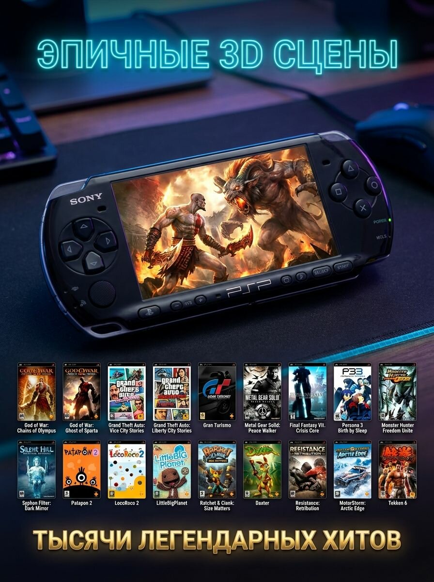 Новая игровая консоль Sony PSP 3008 Slim Black 64Gb 3020 ИГР