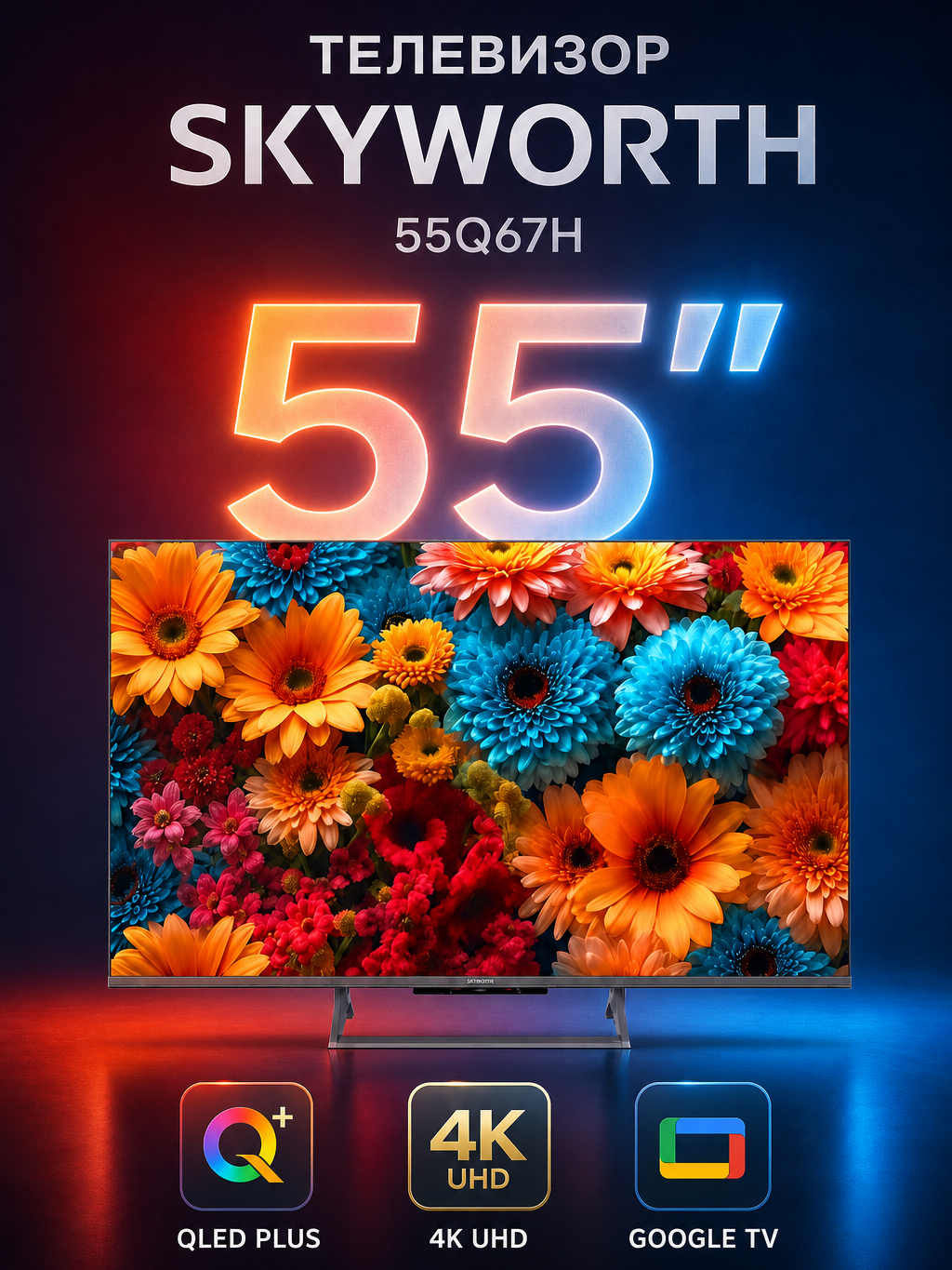 Телевизор Skyworth 55" 55Q67H, QLED+, 4K Ultra HD, Google TV, черный