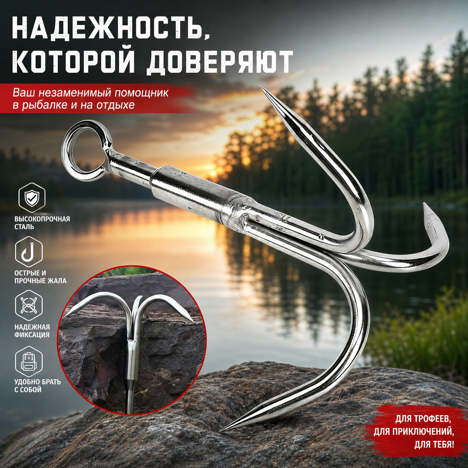 Якорь-кошка трехлапый из нержавеющей высокопрочной стали, для надежной фиксации на дне и извлечения снастей, незаменимый помощник для рыбалки и отдыха, с острыми прочными шипами, удобный для переноски (Длина: 120 мм)