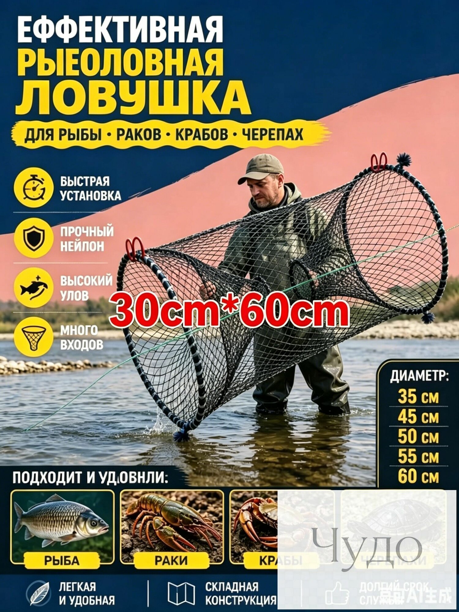 Складная рыболовная ловушка 30х60 см, для рыбы и раков, удобная в использовании и транспортировке