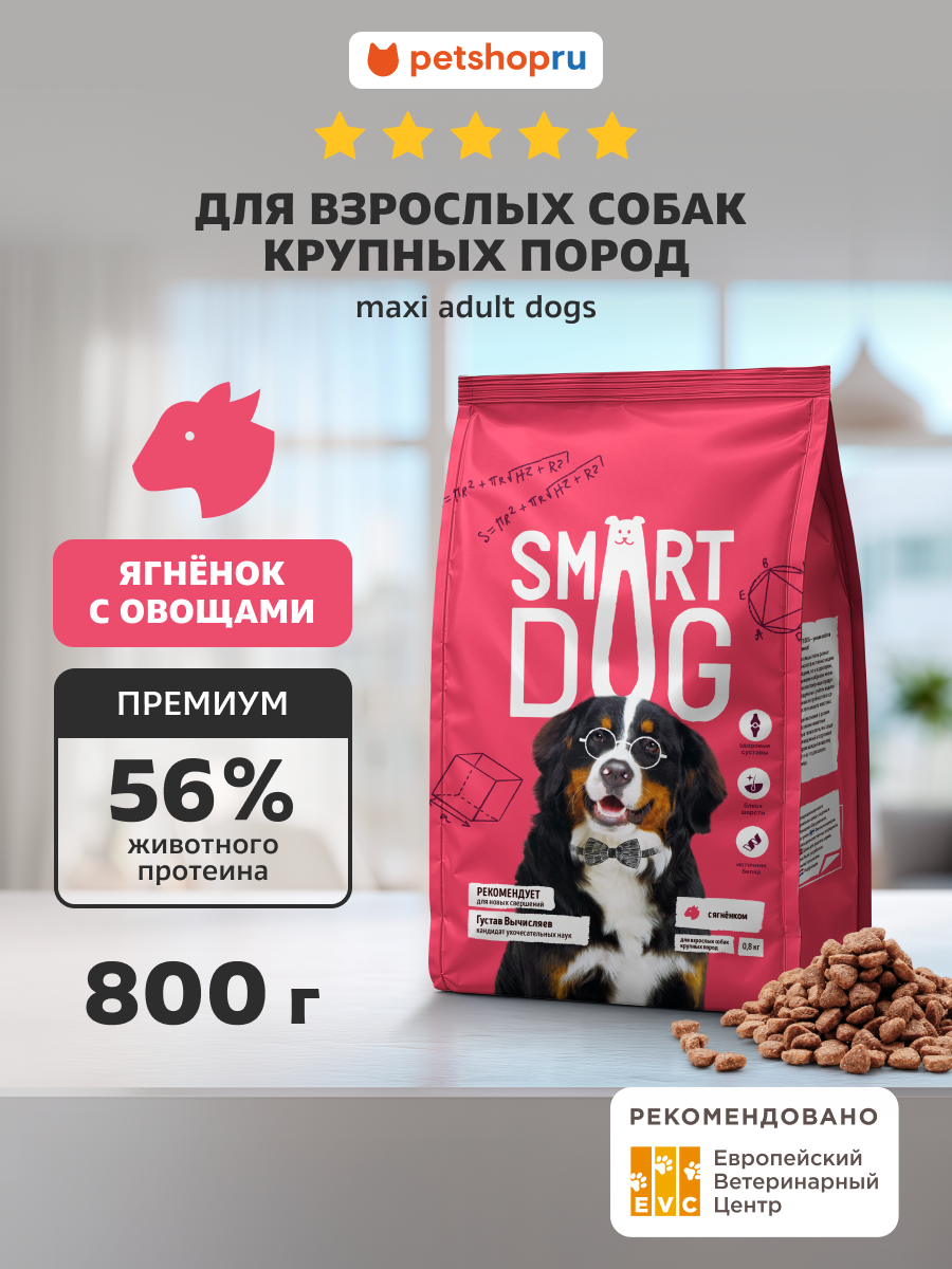 Smart Dog Сухой корм для взрослых собак крупных пород с ягненком и овощами, maxi adult, lamb and vegetables, 800 г