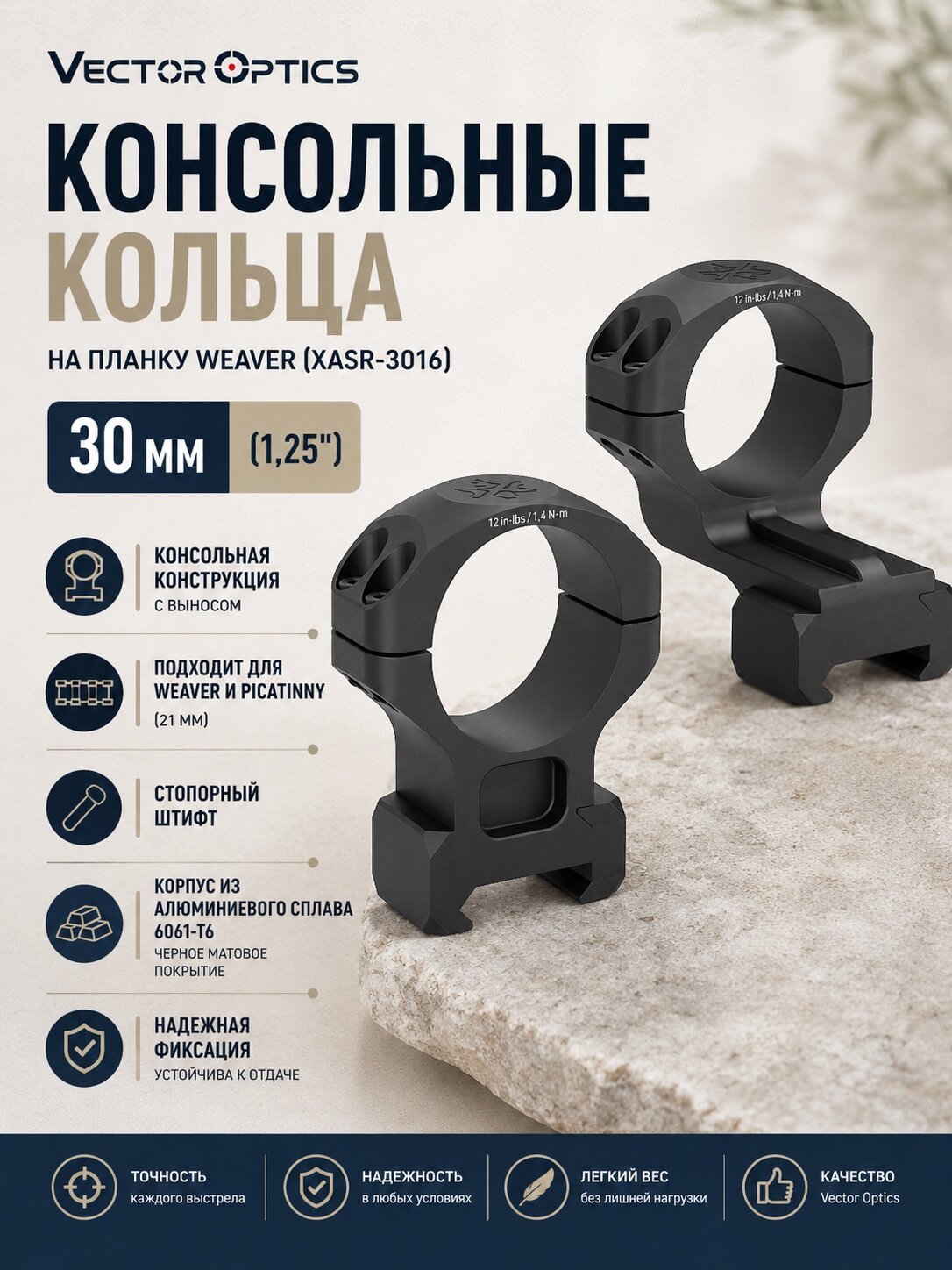 Консольные кольца Vector Optics 30 мм (1,25') на планку Weaver (XASR-3016)