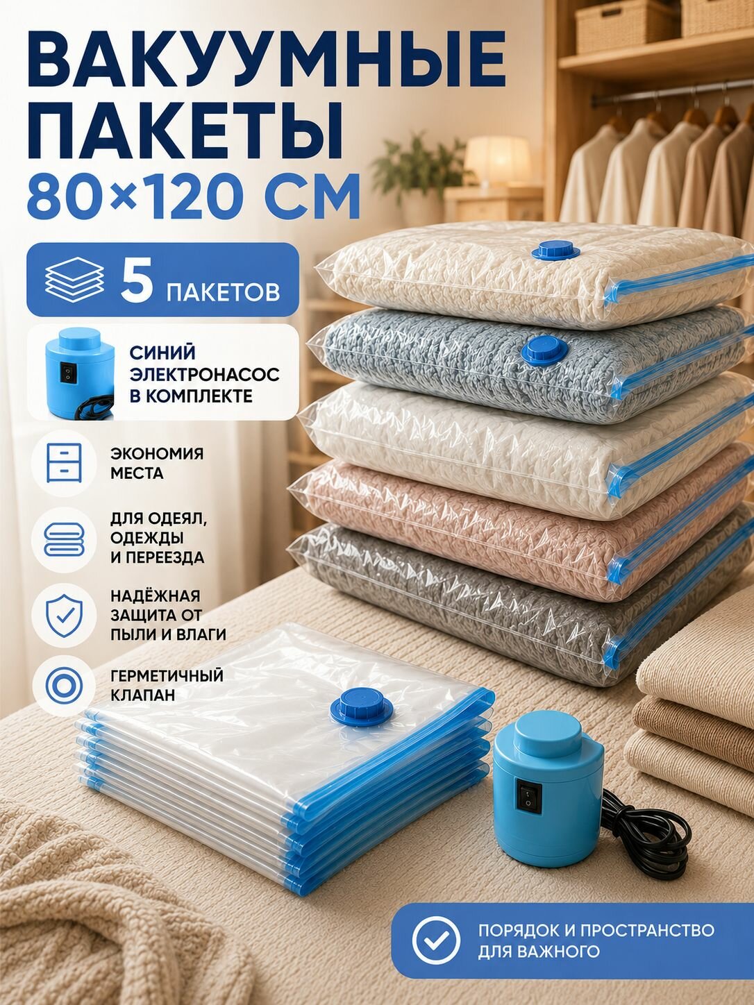 Вакуумные пакеты для хранения вещей 80 120 см, набор 5 шт с синим электрическим насосом, большие компрессионные пакеты для одеял, одежды, подушек и переезда с насосом для переезда компрессионные мешки для одеял подушек
