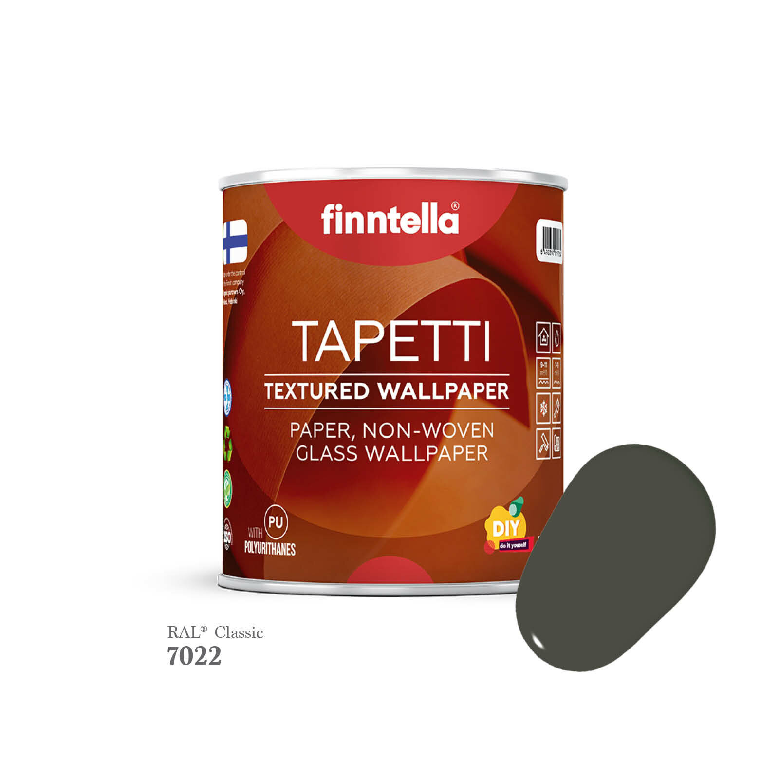 Шелковисто-матовая краска для обоев под окраску TAPETTI SILKKI Matta FINNTELLA, Цвет RAL 7022 Серая умбра (Umbra grey), 0,9л