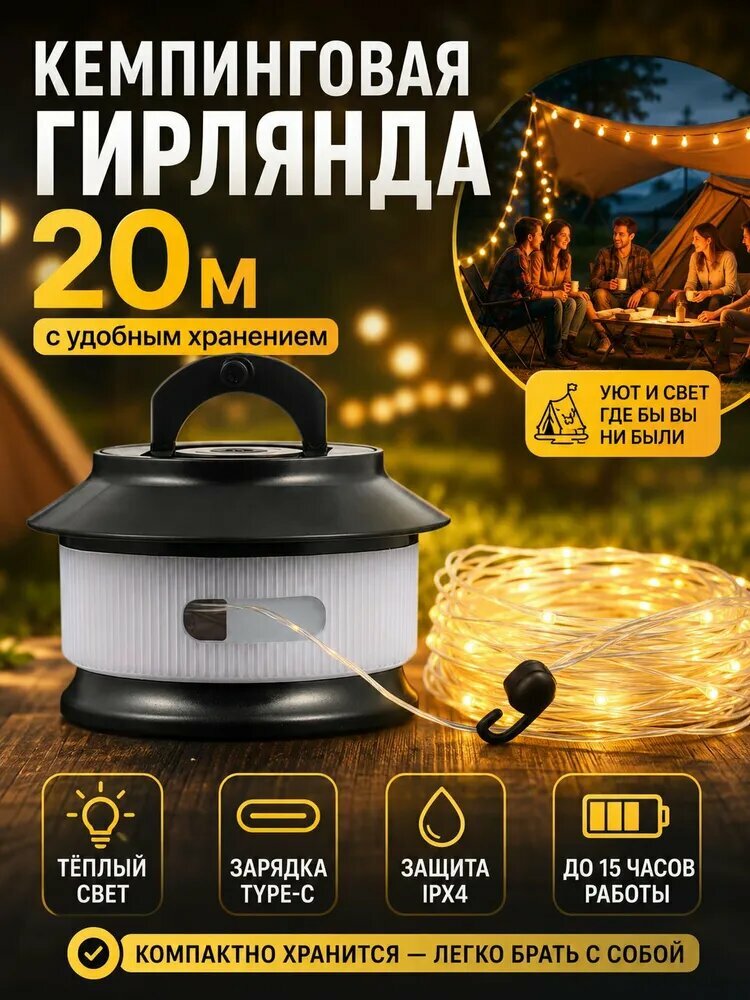 Электрогирлянда Ретро Люминесцентная (энергосберегающая), питание Встроенный аккумулятор, От порта USB, 1 шт
