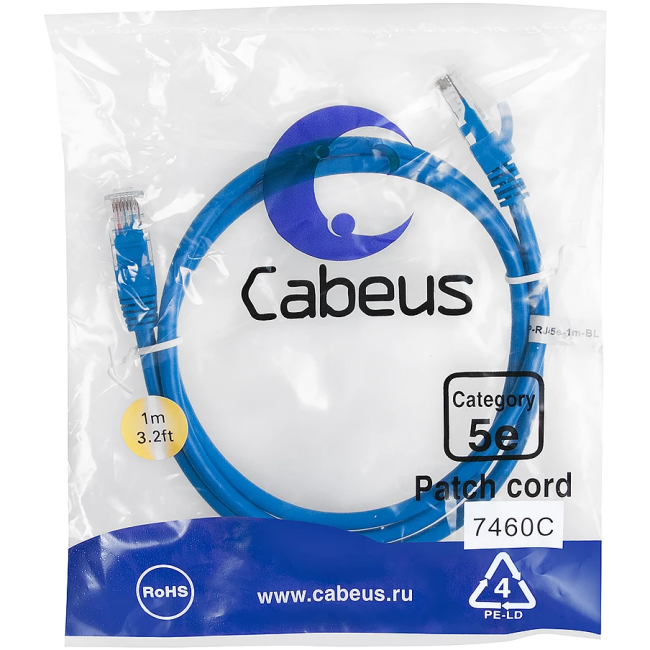 PC-UTP-RJ45-Cat.5e-1m-BL Кабель патч-корд U/UTP 5e кат. 1м. Cabeus неэкранированный, синий — фото 1