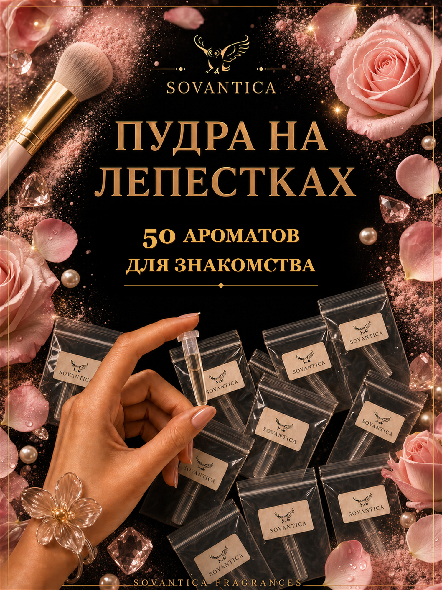 Набор отдушек •ПУДРА на ЛЕПЕСТКАХ• 50 ароматов по 1 г, Sovantica