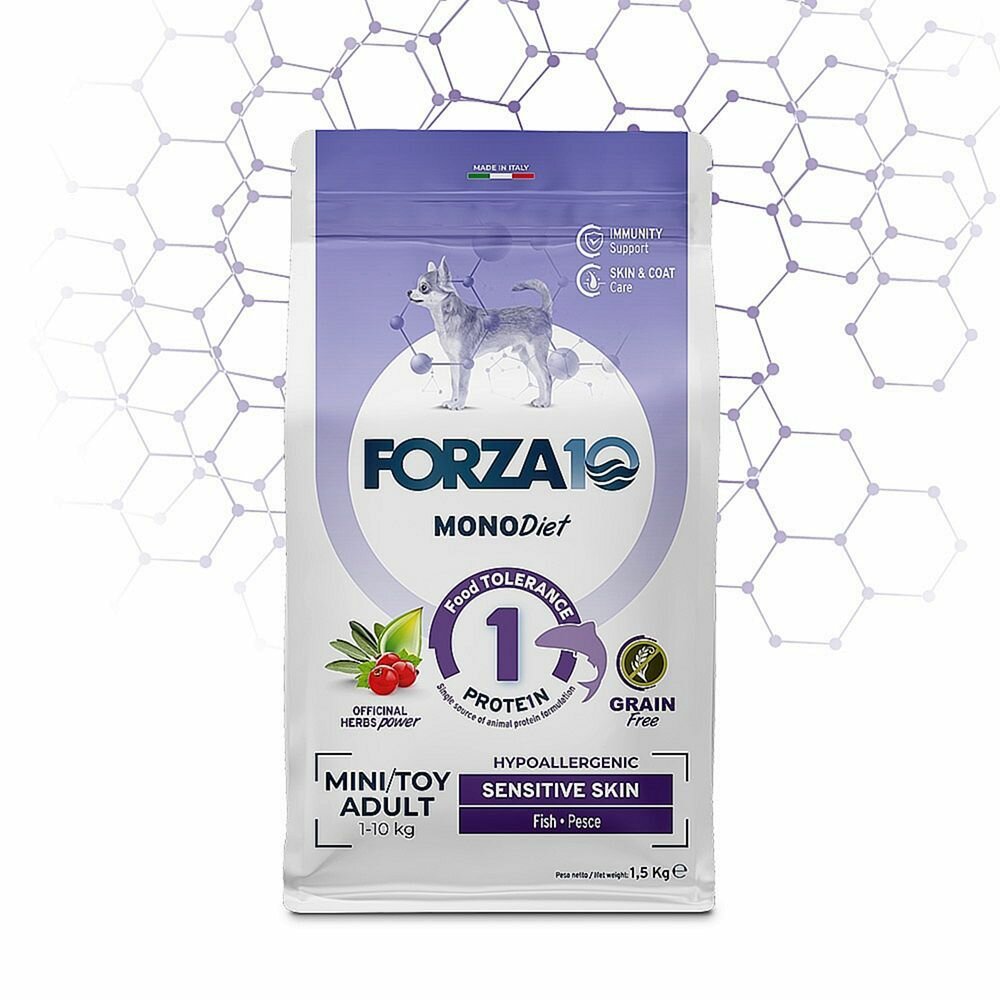 Сухой корм Forza10 DIETMonoP DogMi&TAdult SenSkin PesceDRY диетический, для взрослых собак мелких пород, c чувствительной кожей, 1,5 кг